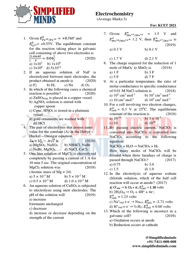 KCET Electrochemistry PYQs 2021 | PDF | Electrochemistry | Redox