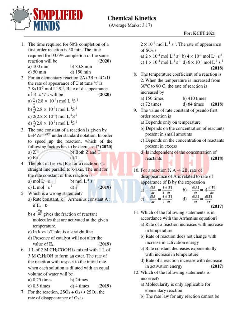 4 Chemical Kinetics Kcet Pyqs Pdf Reaction Rate Constant Reaction