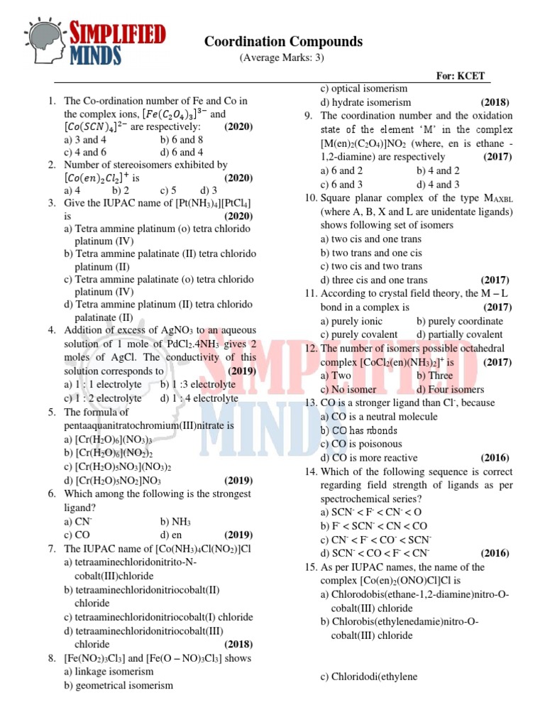 9.coordination Compounds KCET PYQs | PDF | Coordination Complex | Inorganic Chemistry