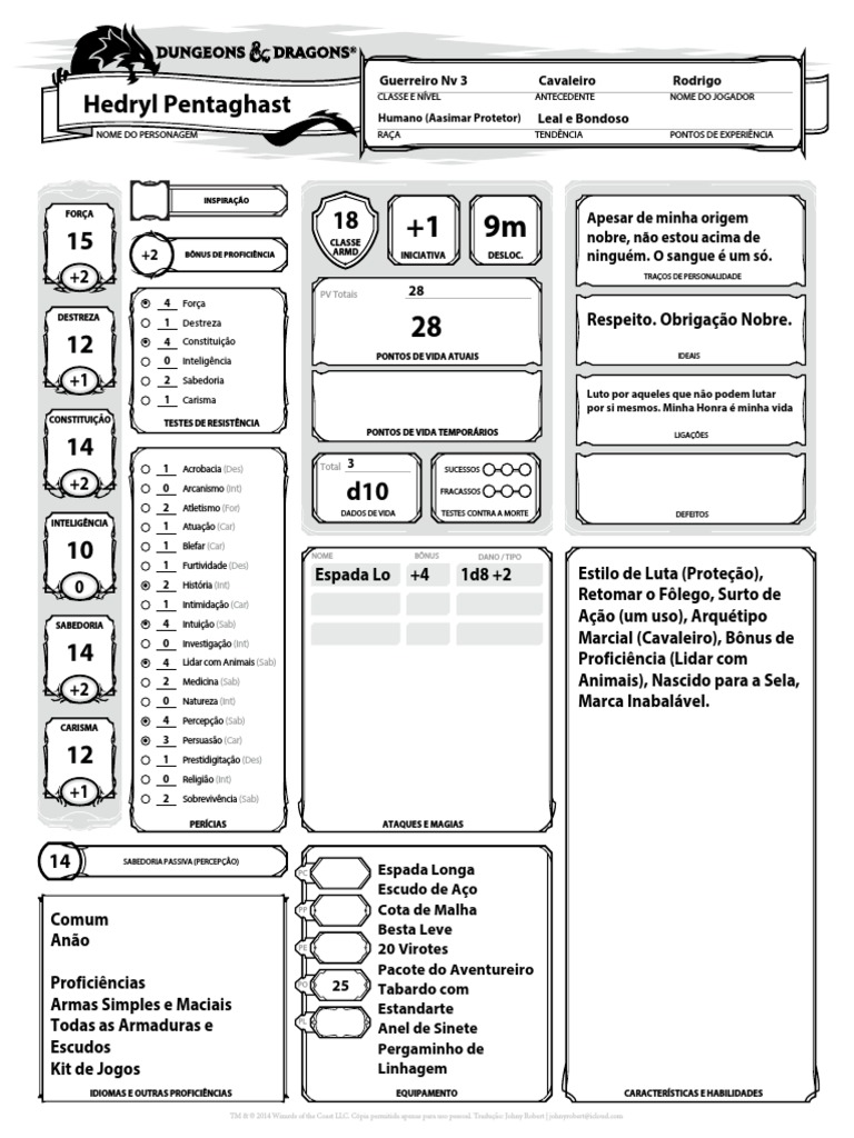 D&D 5E - Ficha Editável - Cavaleiro Aasimar NV 3 | PDF