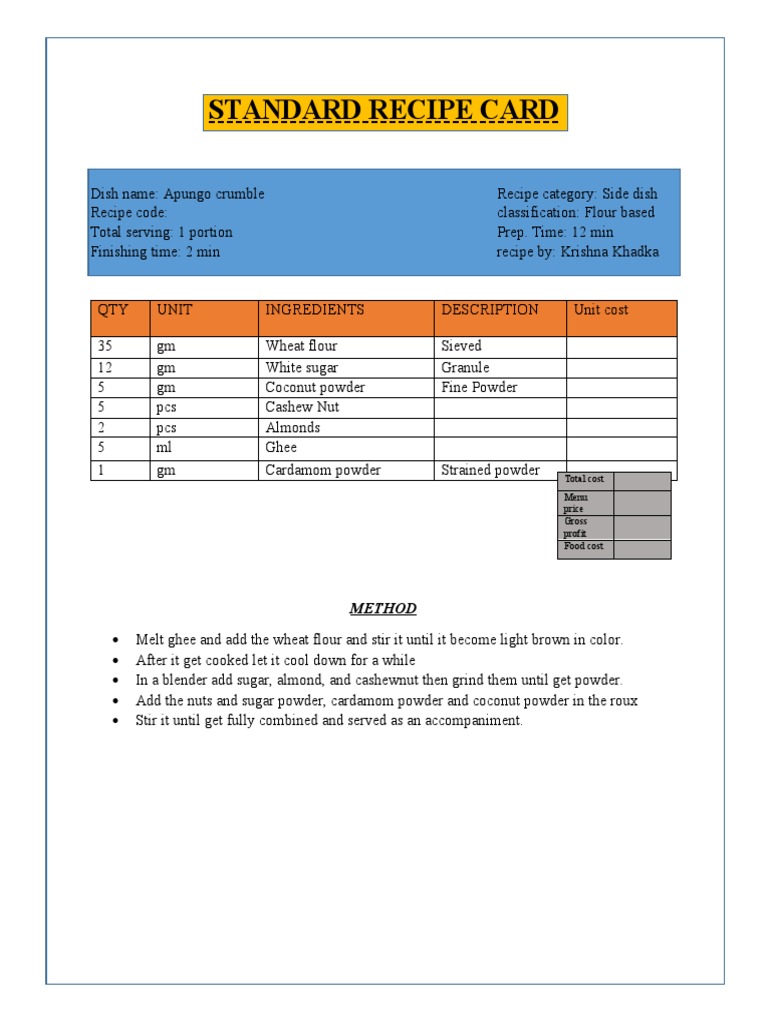 Standard Recipe Card: Method | PDF