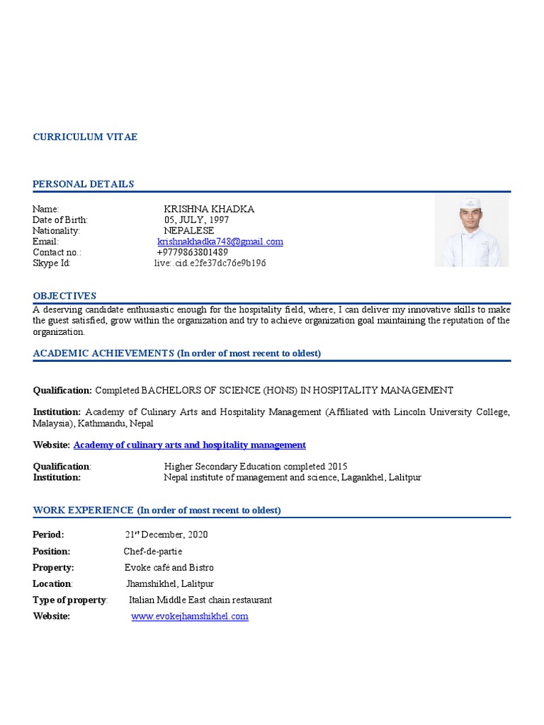 CV - Doc Krishna Khadka | PDF | Chef | Kitchen