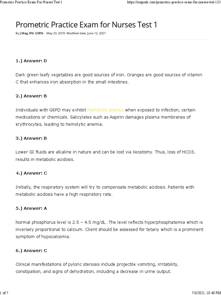 Prometric Practice Exam For Nurses Test 1 - ANSWER KEY | PDF ...