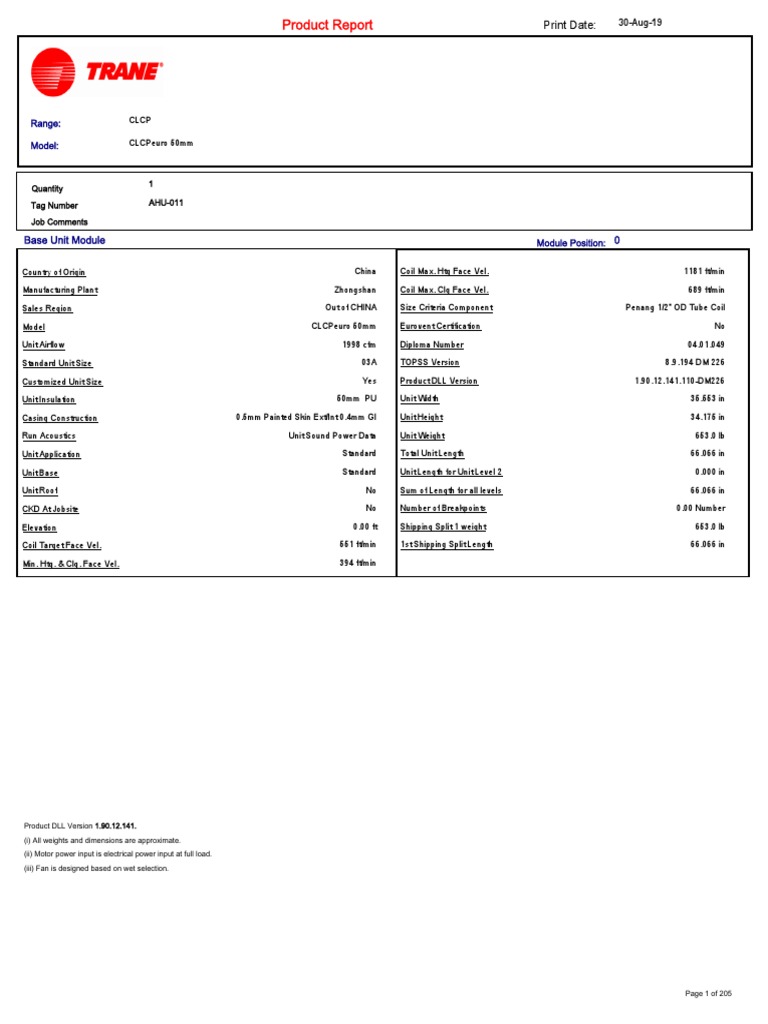 AHU CLCP Product Report | PDF | Electric Motor | Reynolds Number