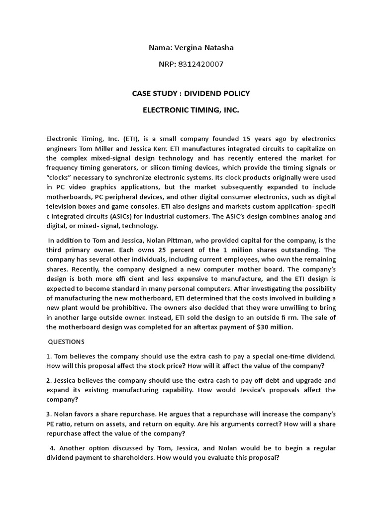 Vergina Natasha - CASE STUDY DIVIDEND POLICY | PDF | Dividend | Personal Computers