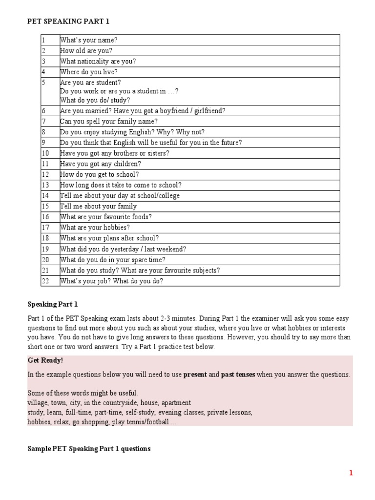 PET Speaking Part 1: Sample Questions | PDF | Test (Assessment)