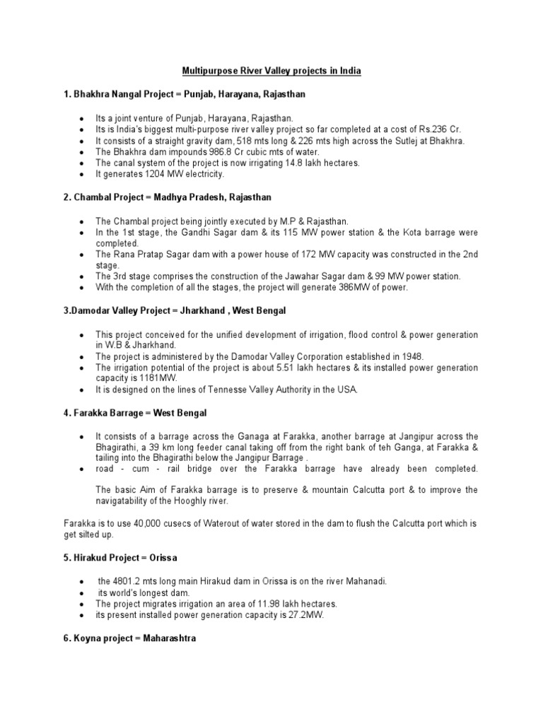 Multipurpose River Valley Projects in India | PDF | Bodies Of Water ...