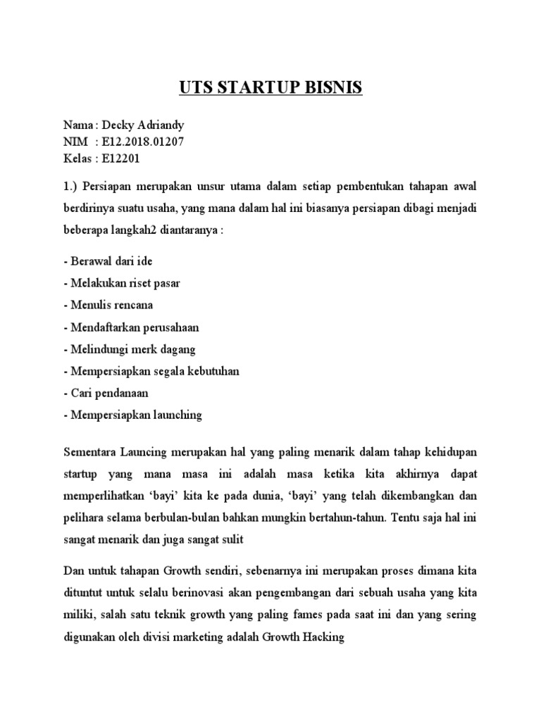 Uts Startup Bisnis - Decky Adriandy - E12.2018.01207 - E12201 | PDF | Bisnis | Pengelolaan ...