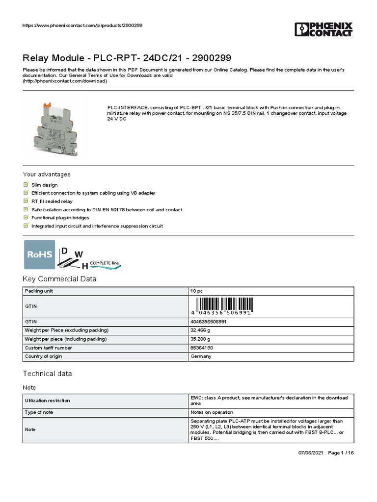 Relay Module - PLC-RPT-24DC/21 - 2900299: Key Commercial Data | PDF ...
