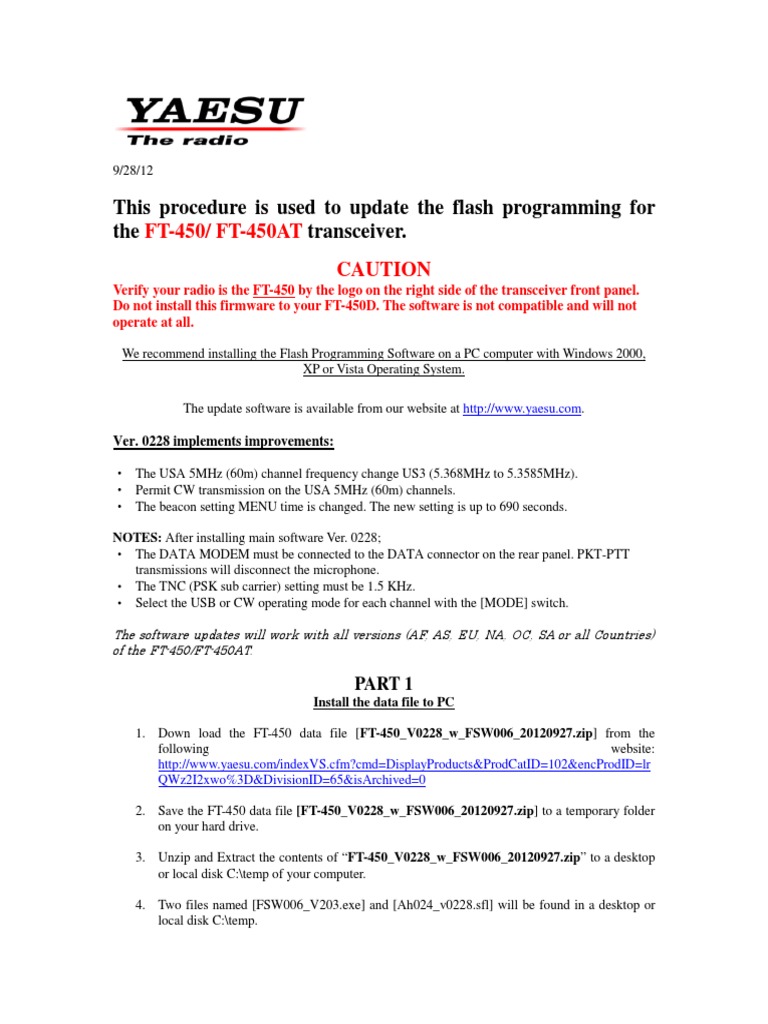 FT-450 - FT-450AT Update Software v0228 Information 9-28-2012 | PDF ...