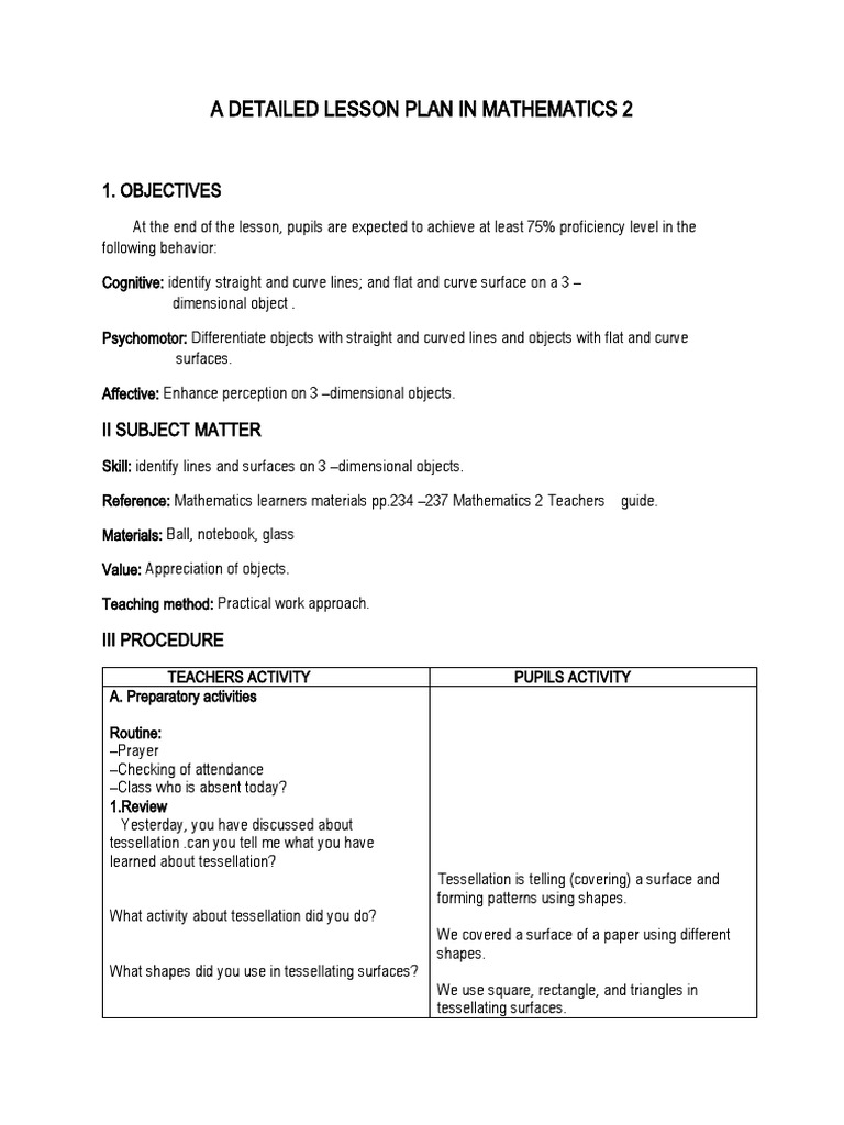 A Detailed Lesson Plan in Mathematics 2 | PDF | Shape | Lesson Plan