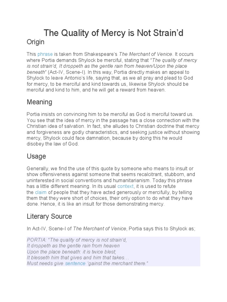 The Quality of Mercy Is Not Strain'd: Origin | PDF | Mercy | The ...