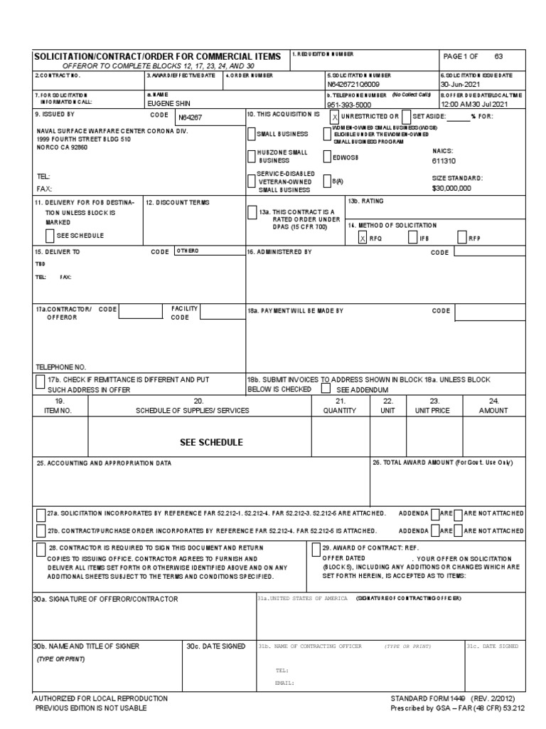 Solicitation/Contract/Order For Commercial Items: Offeror To Complete ...