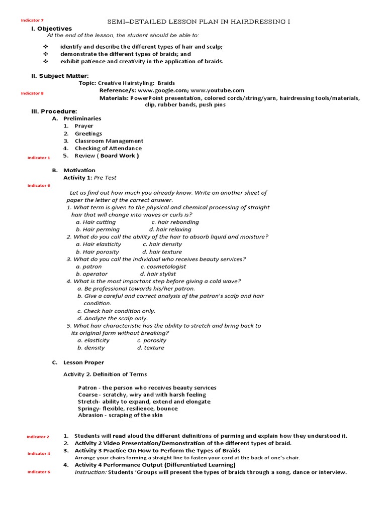 Semi-Detailed Lesson Plan in Hairdressing I: at The End of The Lesson ...