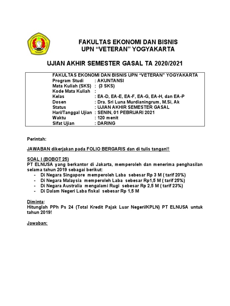 UAS Akuntansi FEB UPNVY 2020/2021 | PDF | Pengelolaan Keuangan & Uang