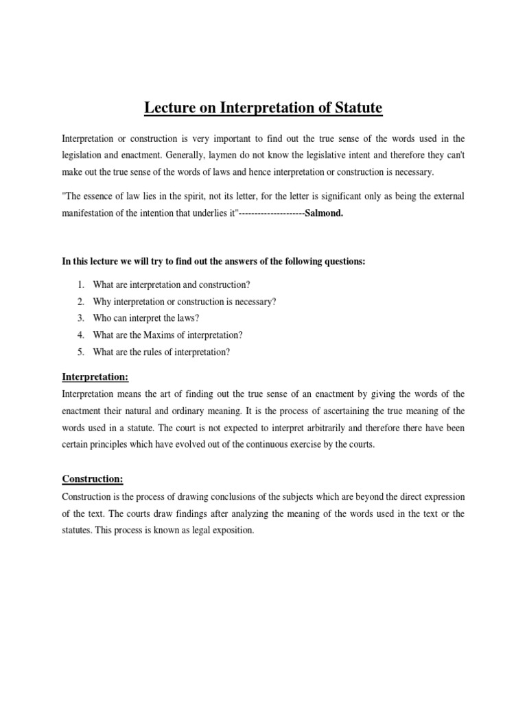 Lecture On Interpretation of Statute: in This Lecture We Will Try To ...
