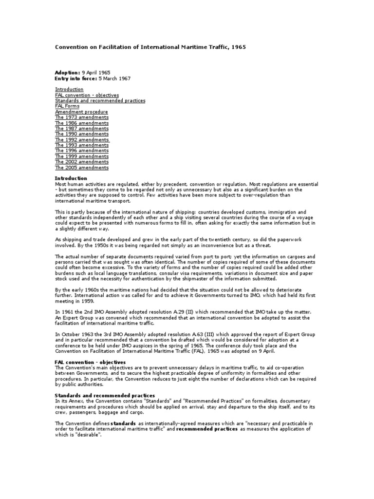 Convention On Facilitation of International Maritime Traffic, 1965 | PDF