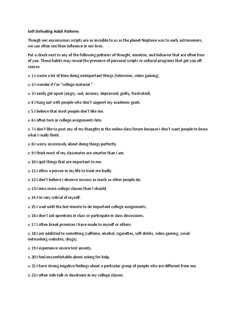 Self Defeating Habit Patterns Checklist | PDF