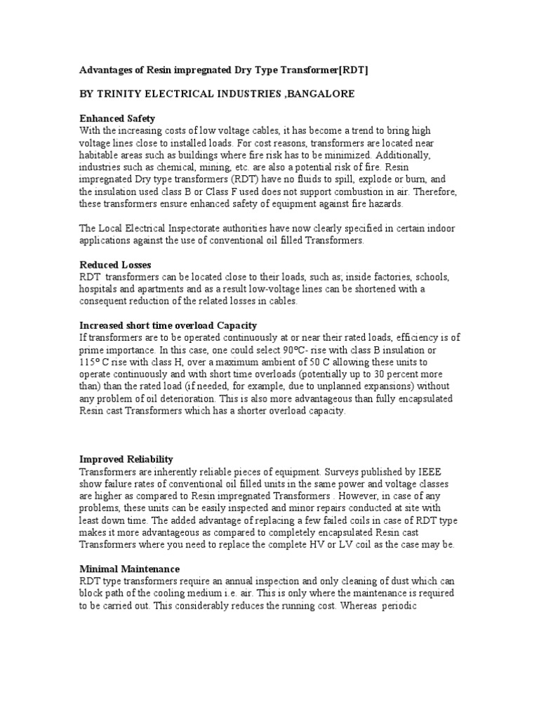 Advantages of Dry Type Transformers With VPI Technology Using NOMEX | PDF | Transformer ...