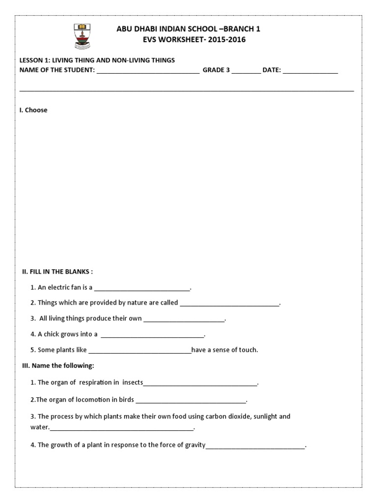 Class 3 Worksheet: Living vs Non-Living | PDF
