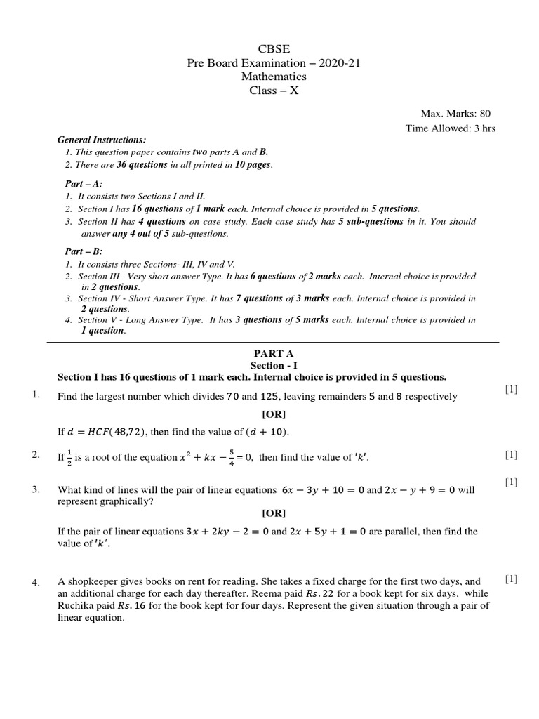 Cbse Pre Board Examination - 2020-21 Mathematics Class - X: General ...