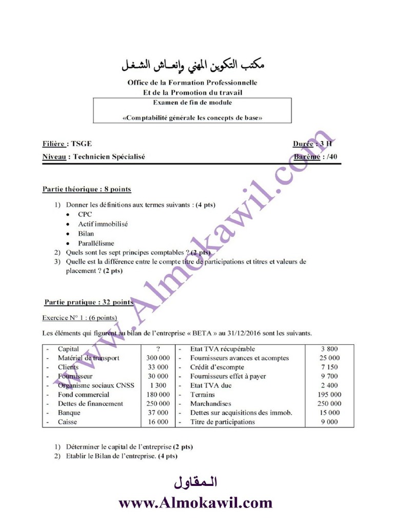 Ofppt Examen de Fin de Module Comptabilit G N Rale Les Concepts de Base Tsge Ista | PDF