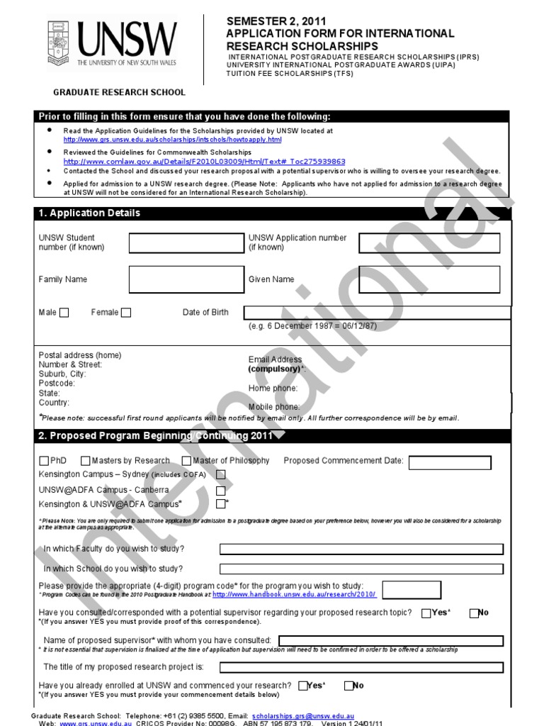 UNSW International Research Scholarship Application | PDF ...
