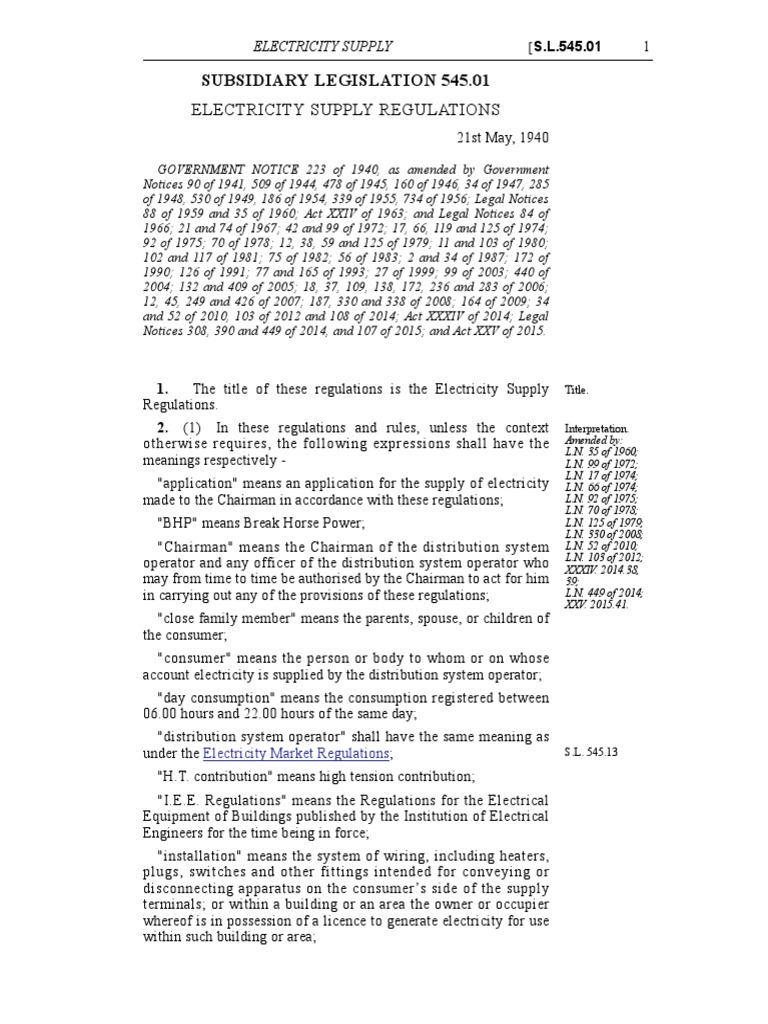 Electricity Supply Regulations: Subsidiary Legislation 545.01 | PDF ...