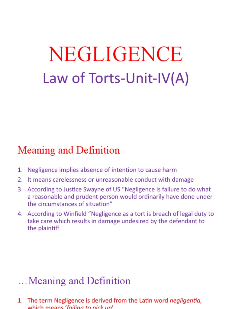 Negligence: Law of Torts-Unit-IV (A) | PDF | Negligence | Duty Of Care