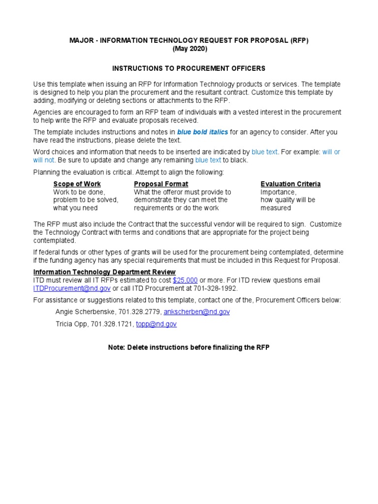 Major - Information Technology Request For Proposal (RFP) (May 2020) Instructions To Procurement ...