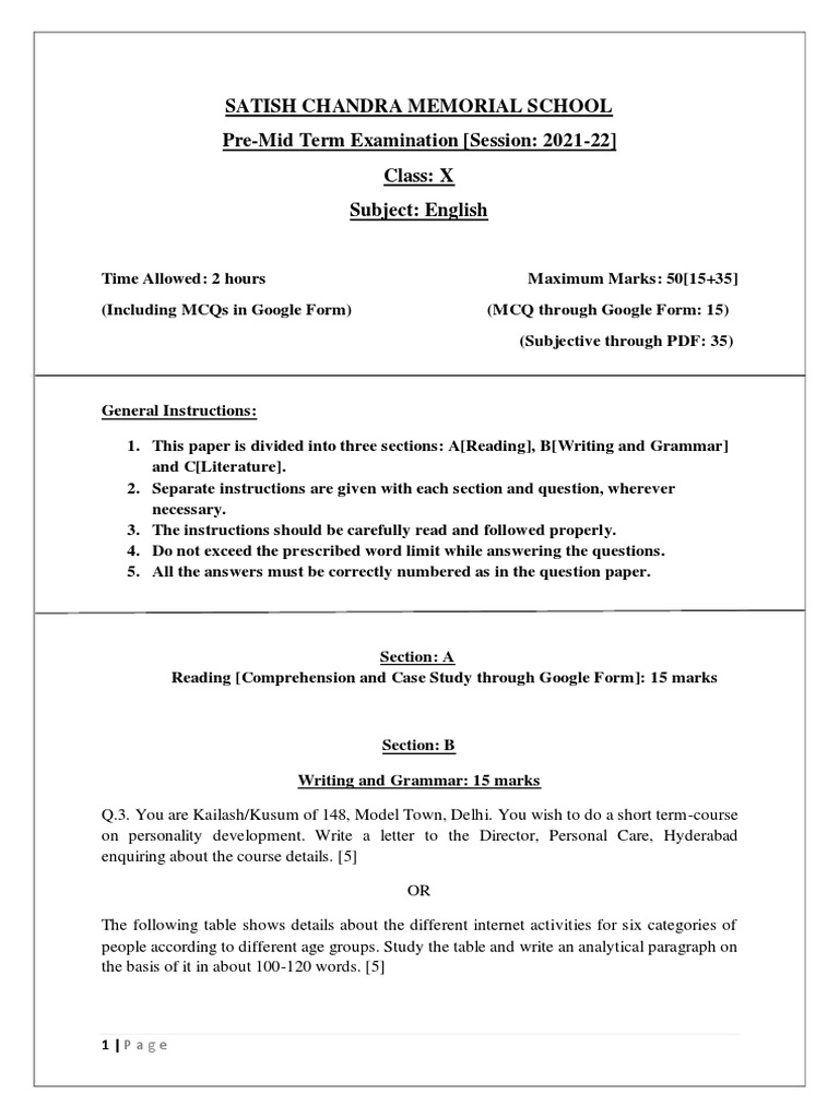Class X English Pre Mid Term Subjective Question Paper | PDF