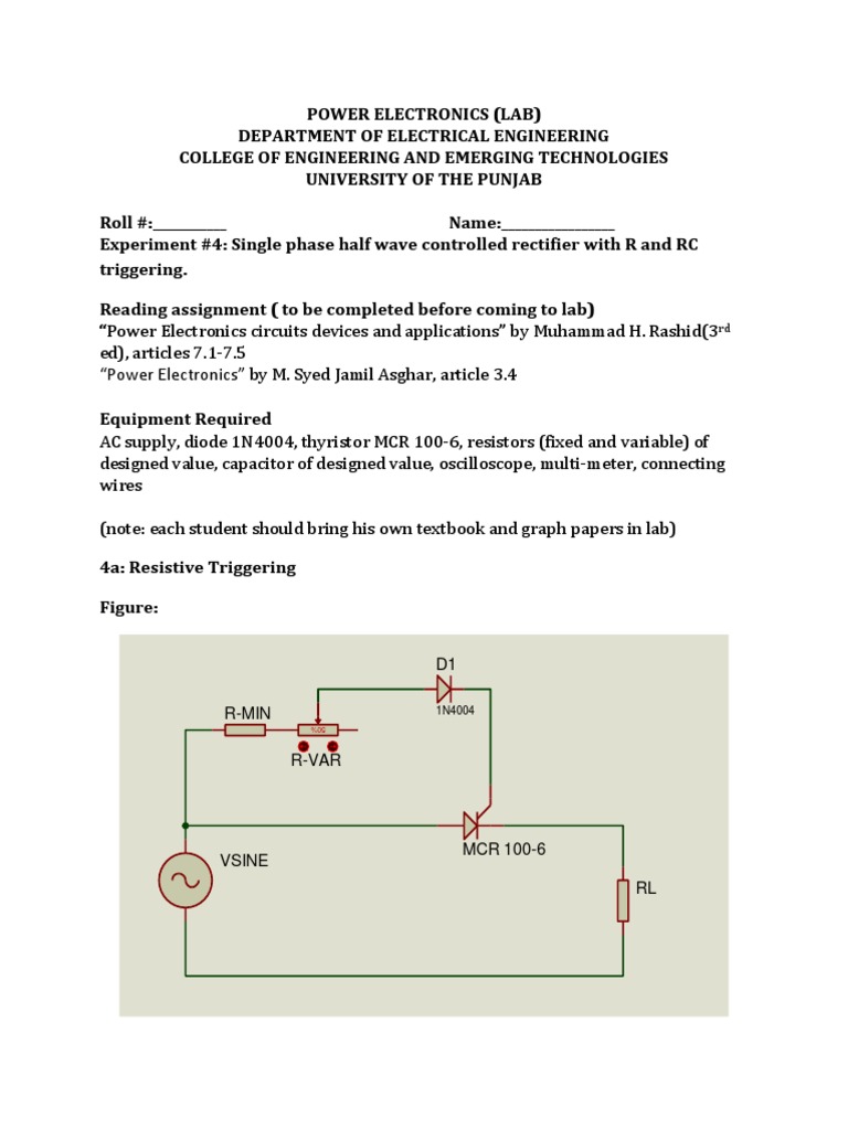 Lab Session 4 Half Wave Controlled Rectifier R & RC-triggering | PDF | Rectifier | Power Electronics