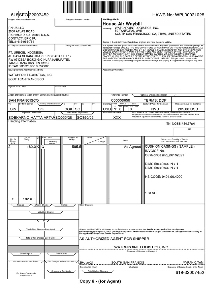 Air Waybill for Cushion Casings Shipment | PDF
