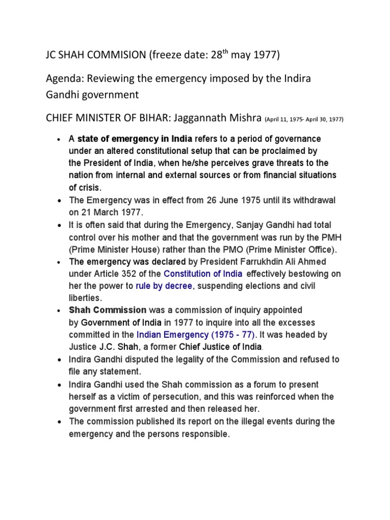JC Shah Commission Review of Emergency Rule | PDF | Politics Of India ...