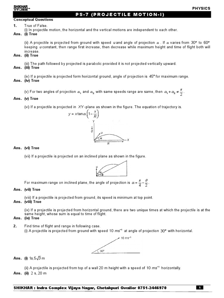 Practice Sheet - 7 ( Projectile Motion-I - WithOUT) | PDF | Projectiles ...