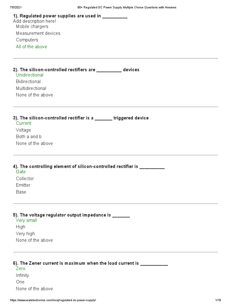 Regulated DC Power Supply MCQs | PDF | Rectifier | Power Supply