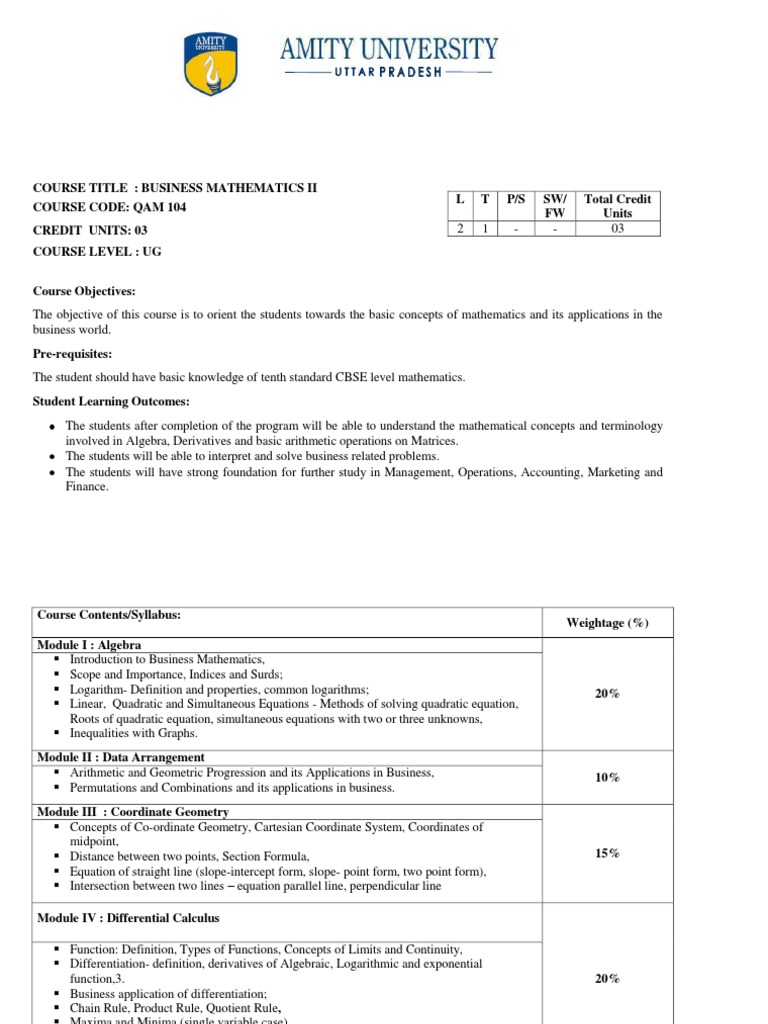 Business Mathematics II: An Overview of the Course Objectives, Contents ...