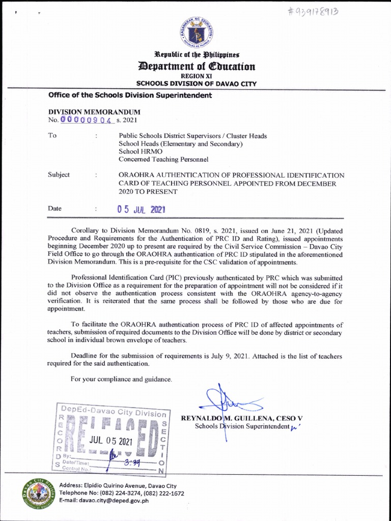 2021 DM No. 904 ORAOHRA AUTHENTICATION OF PROFESSIONAL IDENTIFICATION ...