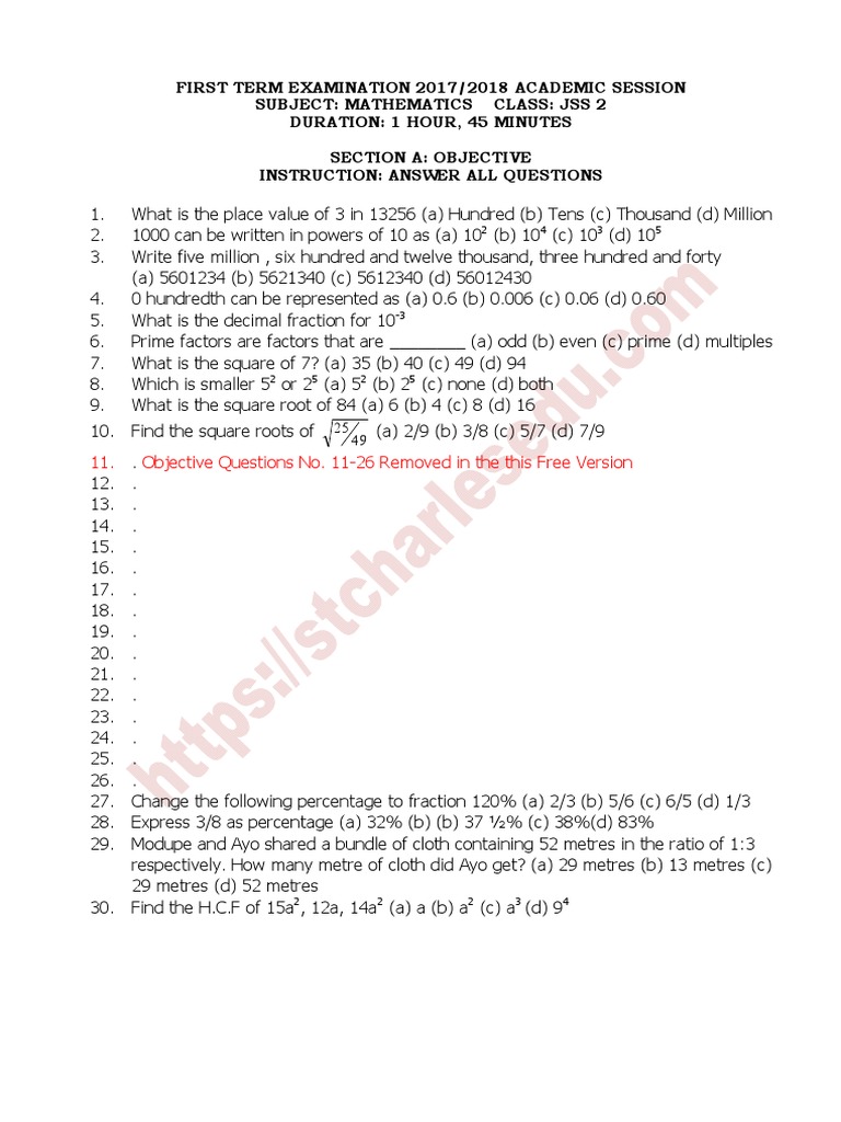 Mathematics Past Questions For Jss | PDF | Odds | Percentage