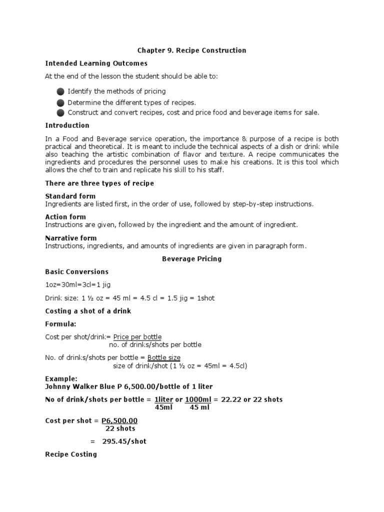 Chapter 9 Recipe Costing | PDF | Drink | Percentage
