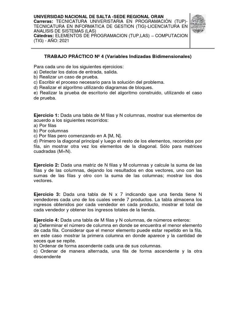 TP4-Variable Indizada Bidimensional | PDF | Matriz (Matemáticas) | Estructura de datos de matriz