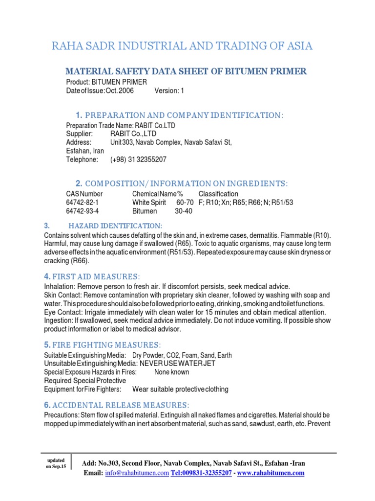 MSDS of Bitumen Primer | PDF | Water | Chemical Substances