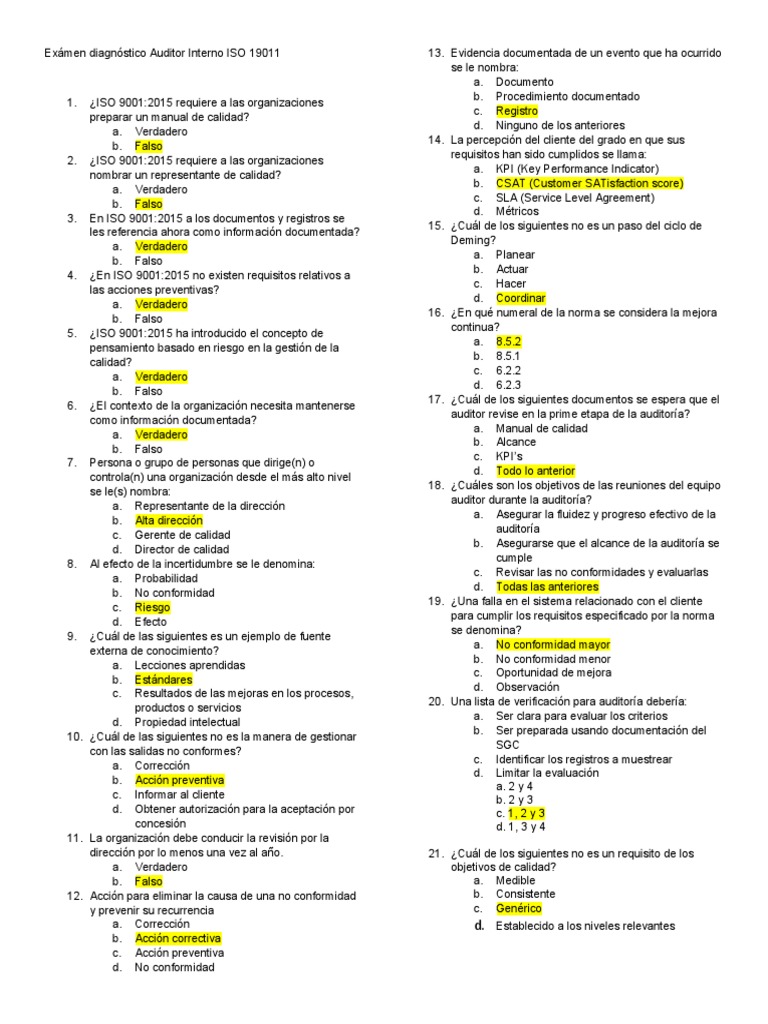 Exámen Diagnóstico Auditor Interno 9001 | Descargar gratis PDF | Calidad (comercial) | Auditoría