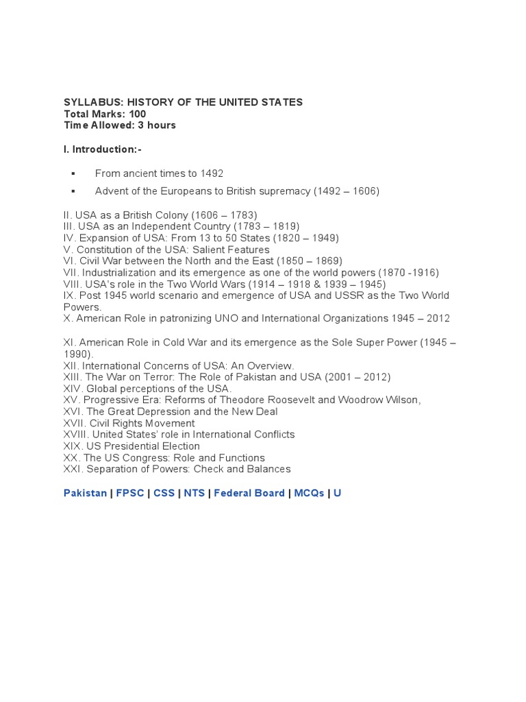 US History CSS Syllabus Overview | PDF | Politics
