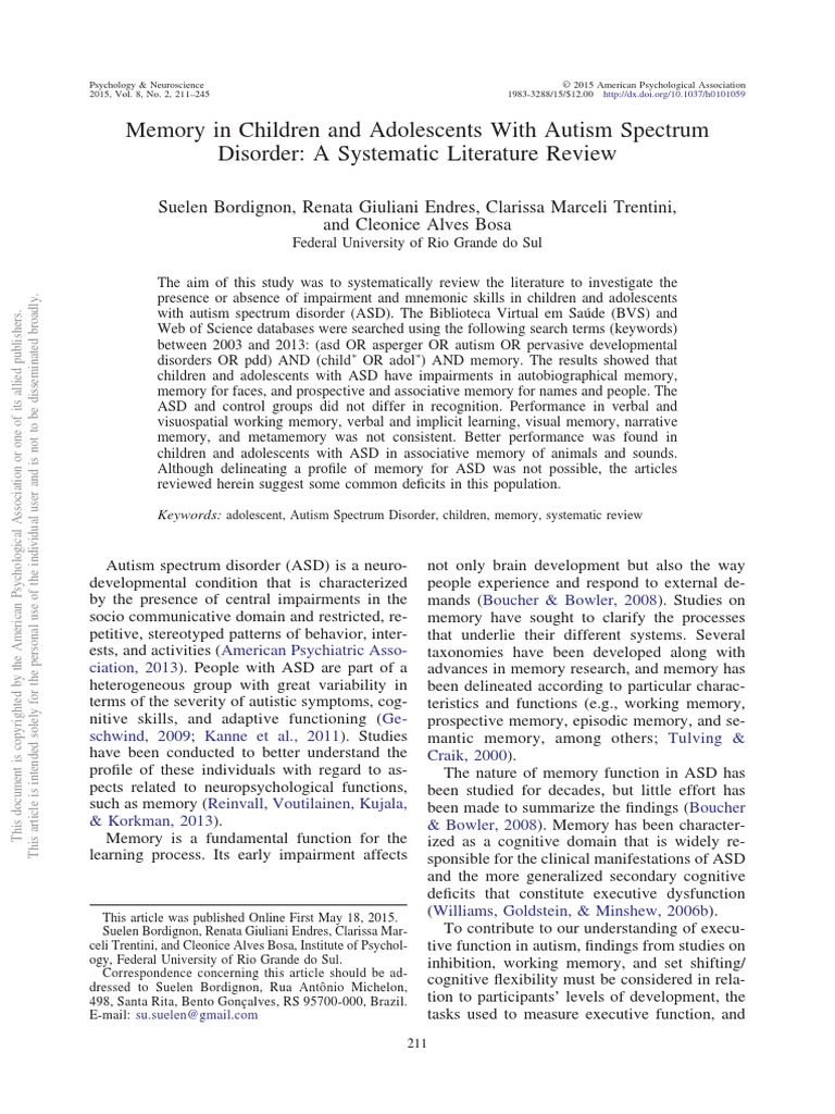 Memory in Children and Adolescents With Autism Spectrum Disorder: A ...