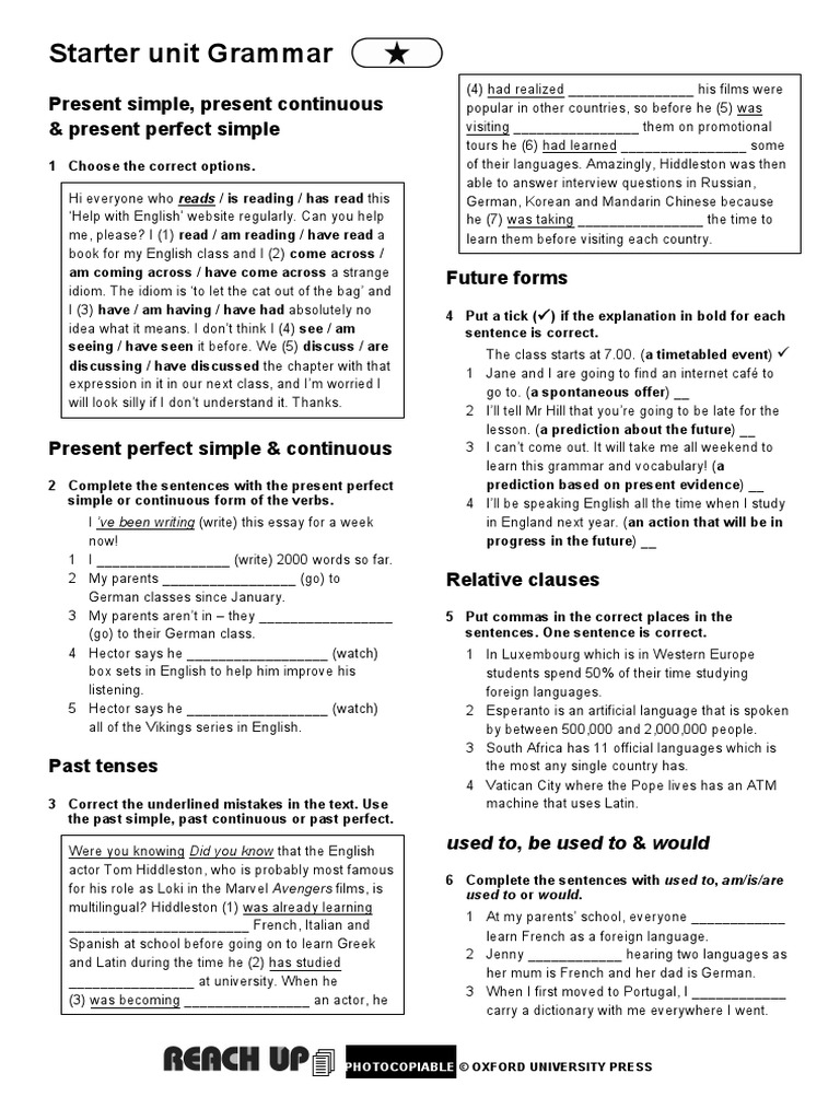 Starter Unit Grammar: Present Simple, Present Continuous & Present Perfect Simple | PDF ...