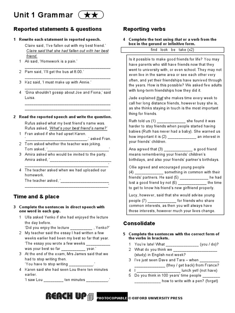 Unit 1 Grammar: Reported Statements & Questions Reporting Verbs | PDF ...