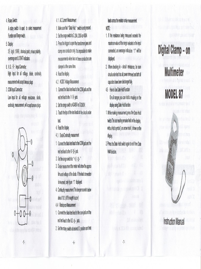 Digital Clamp Multimeter Model 87 Instruction Manual | PDF