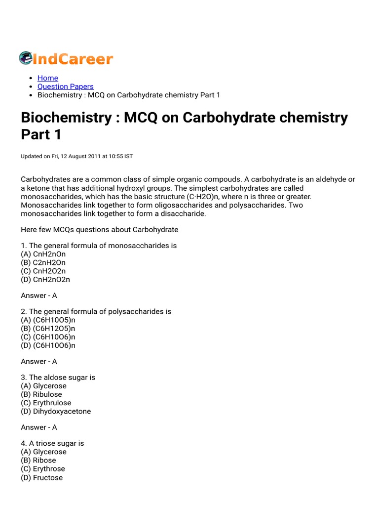 Biochemistry - MCQ On Carbohydrate Chemistry Part 1 | PDF ...