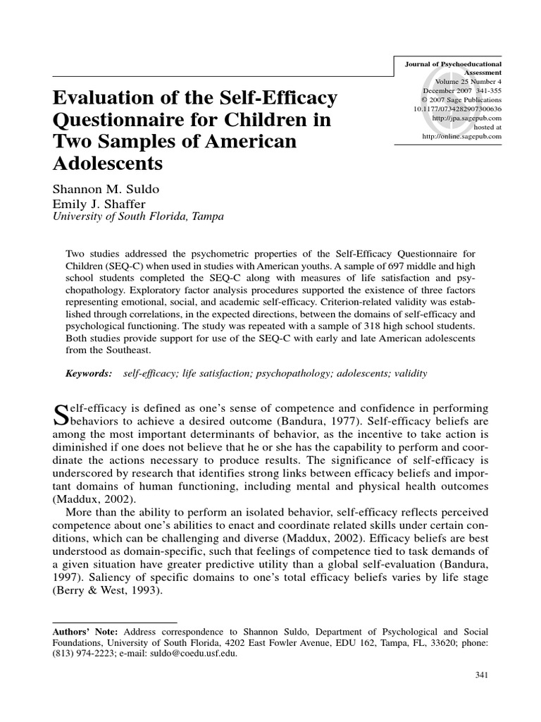 Self-Efficacy Questionnaire | PDF | Self Efficacy | Adolescence